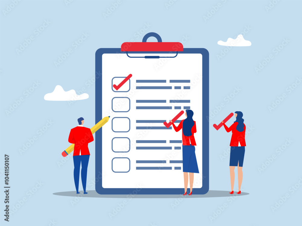 Business people holding pencil complete task checkbox,project status report, plan to finish work ...