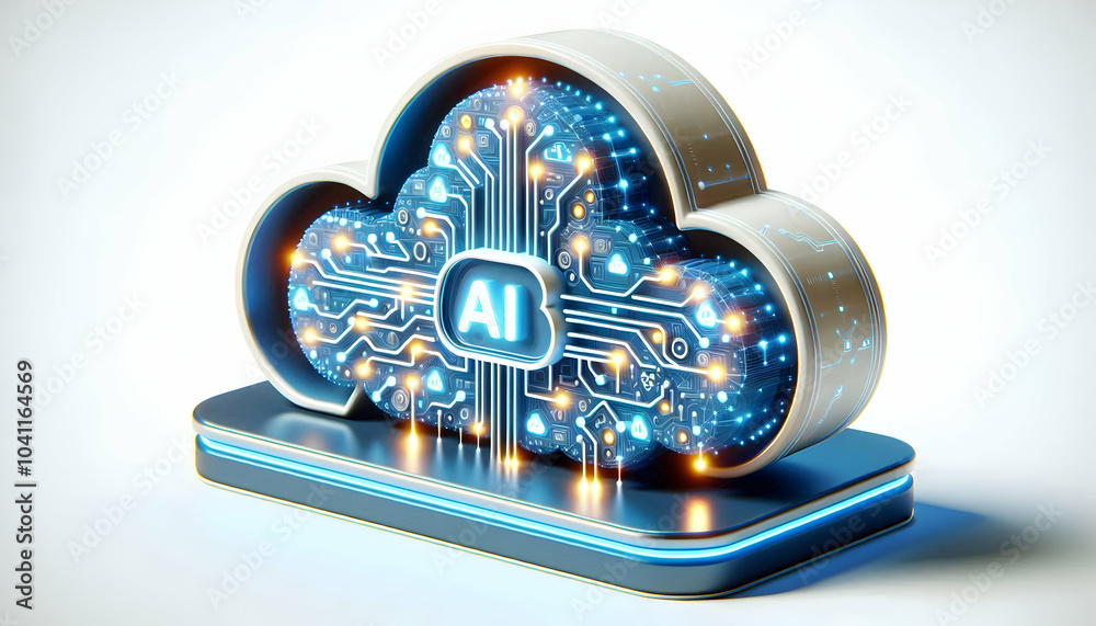 3D AI Driven Cloud Vector with Glowing Pathways, Isolated Concept Representing Technological ...