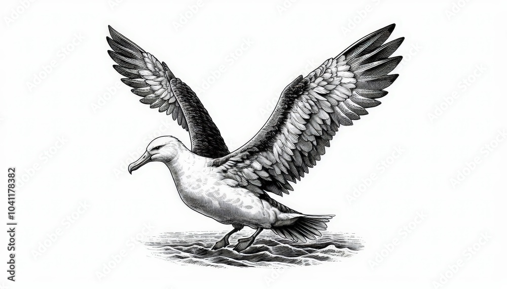 albatross with wings spread, showcasing fine feather details in vintage ...