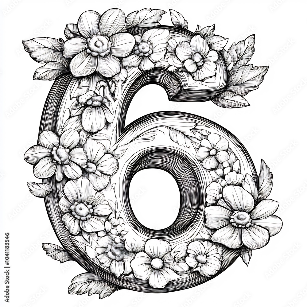 Handdrawn numeric number 6 with a delightful black outline on a white ...