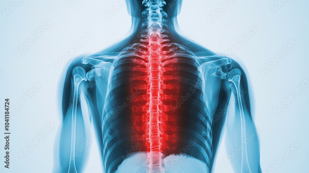 X-ray image of a human spine highlighting the vertebrae, showcasing the ...