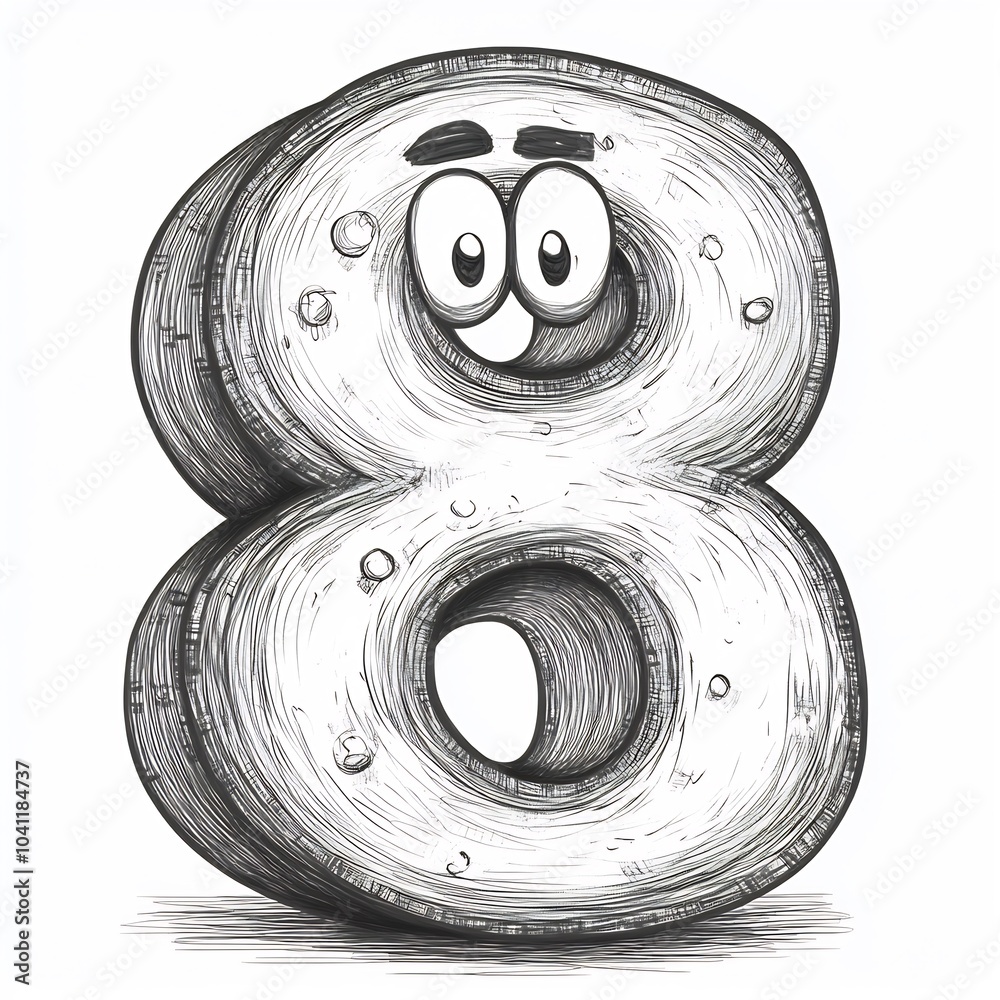 Handdrawn numeric number 8 in a playful black outline on a white ...