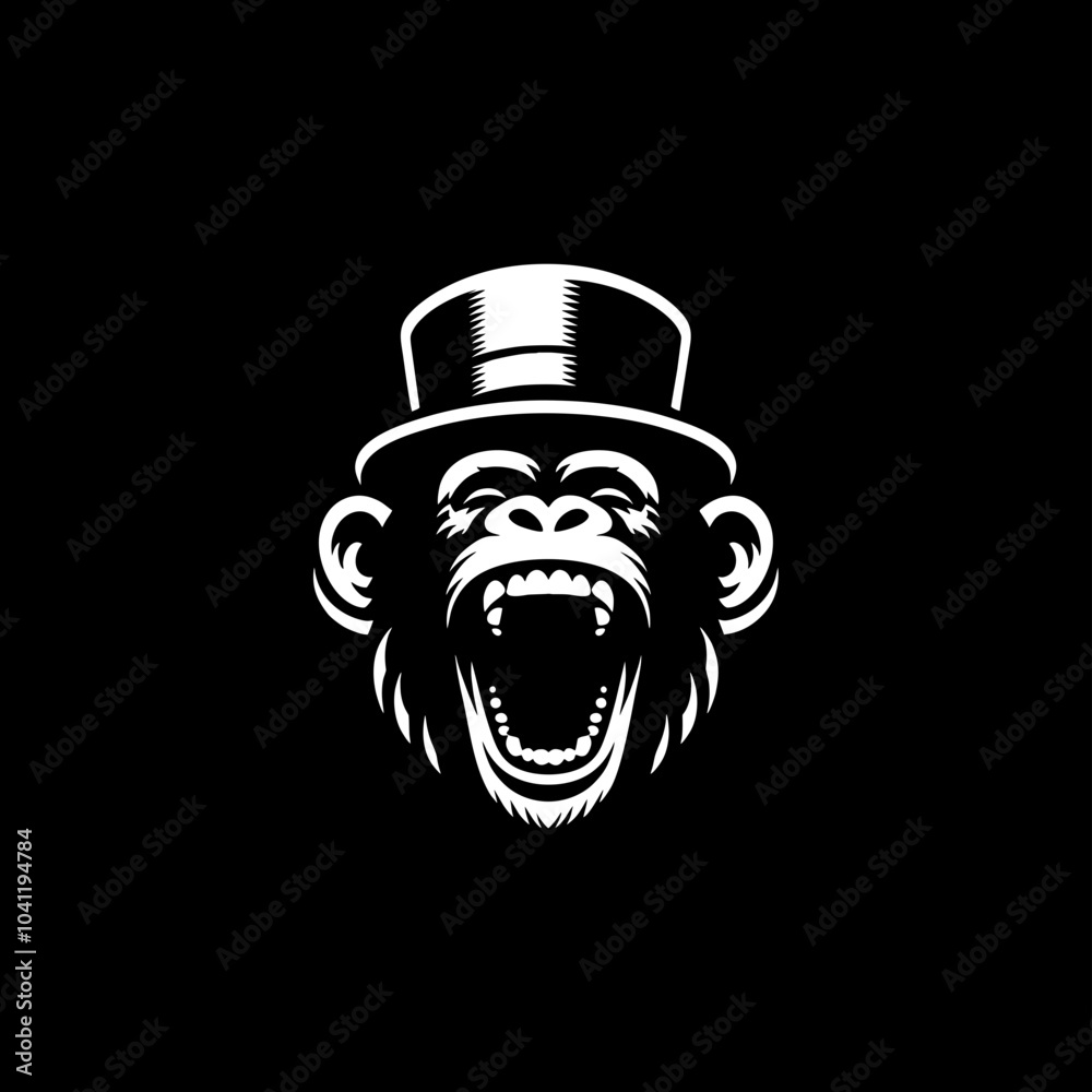 chimp wearing top hat smiling face vector drawing illustration stencil ...