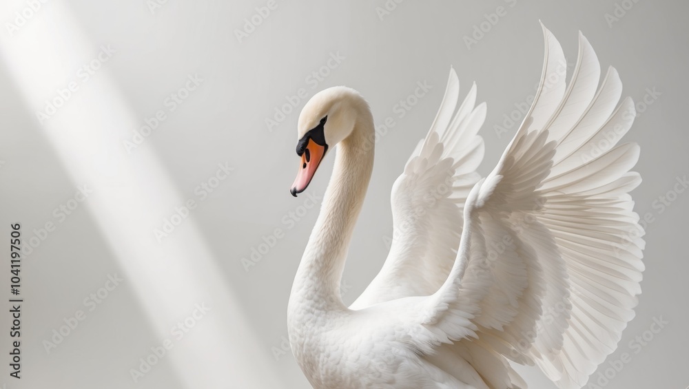 A white swan stands gracefully on its hind legs with wings extended and ...