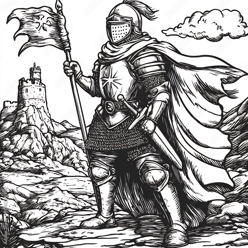 Playful handdrawn black and white drawing of a brave knight in shining ...