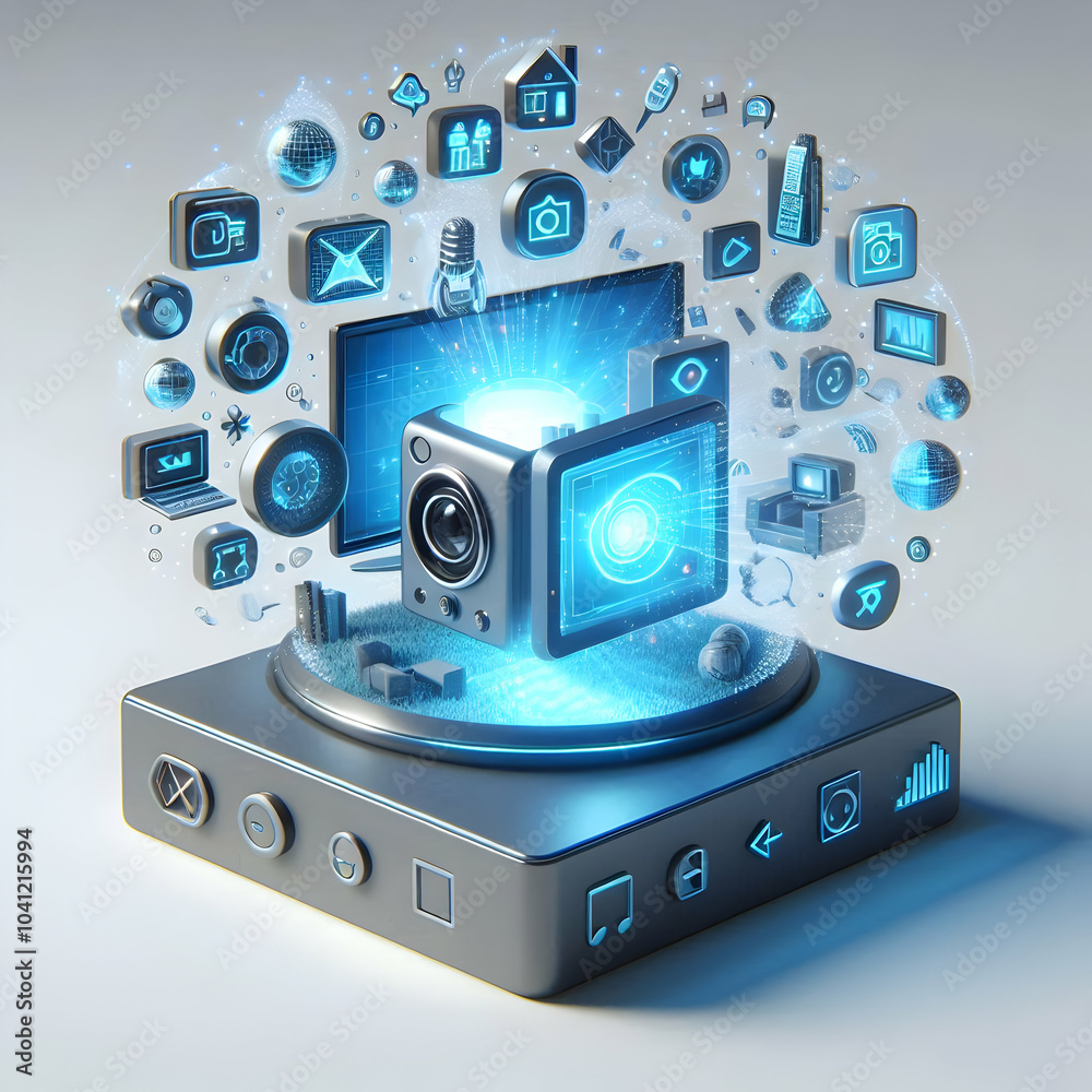 3D Holographic Projector Floating Media Icons Clean Room Minimalist ...