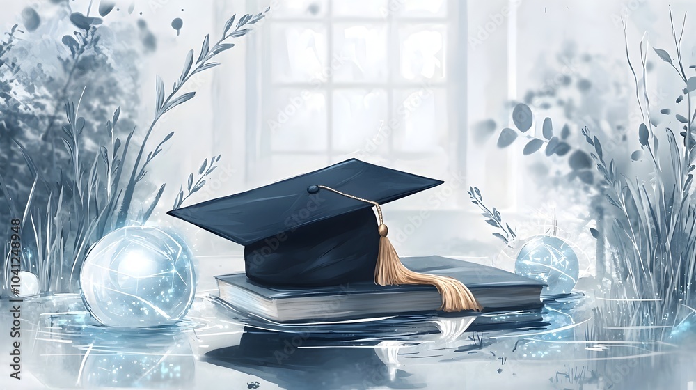 A digital depicting a graduation cap floating amidst luminous ...