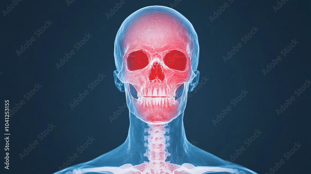 Anatomical illustration of a human skull and spine with a transparent ...