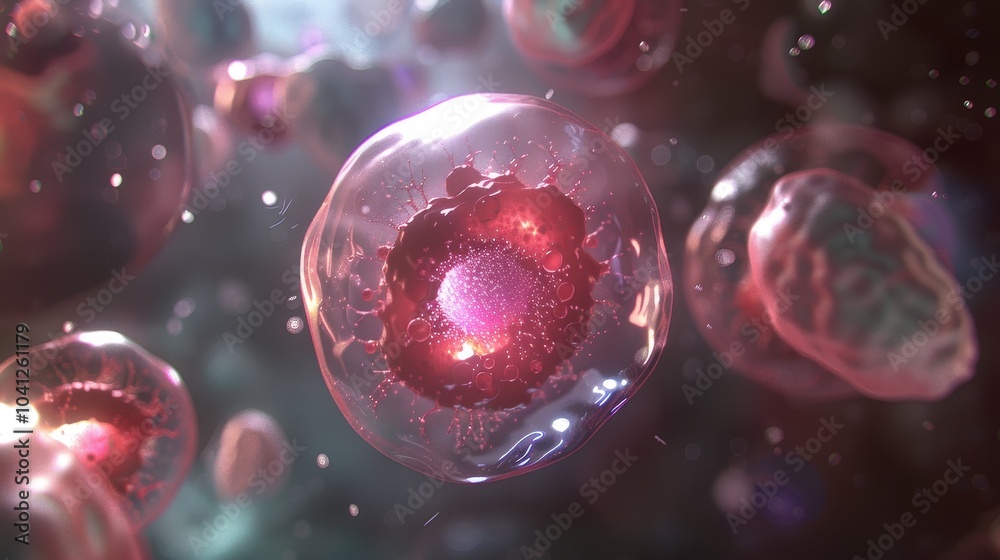 Microscopic view of a cell undergoing apoptosis, nucleus shrinking and ...