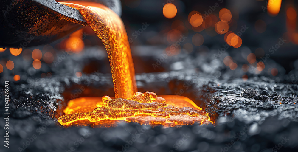 Lava pouring from the black steel furnace in an ironworks, close-up of ...