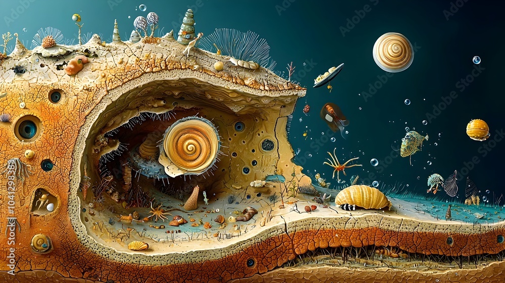Detailed cross section of the ocean floor highlighting a clam shell and ...