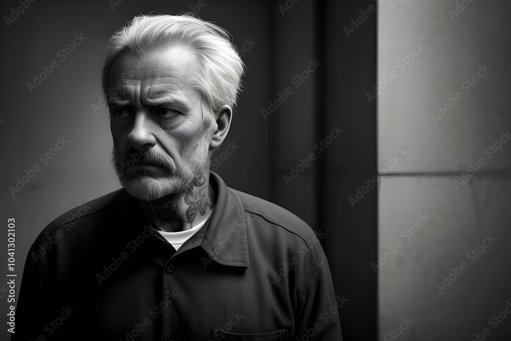 a middle-aged prisoner man with a furrowed brow and a weary expression ...