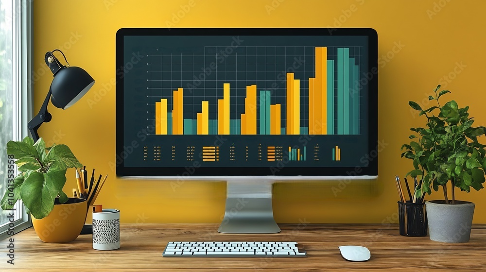 Illustrated home office setup digital screens charts plants ...