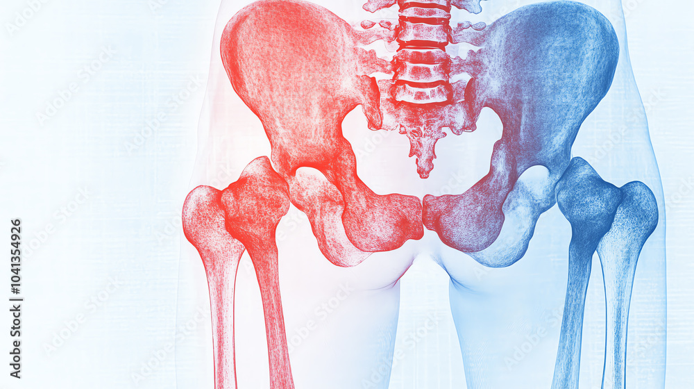 Medical illustration of a human pelvis with highlighted bones in red ...