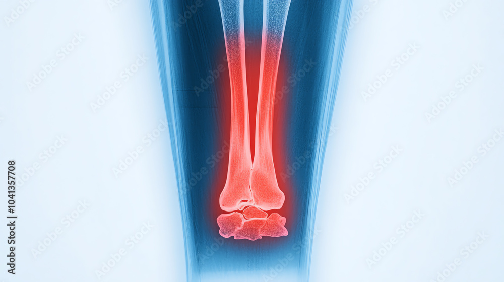 X-ray image showing a human ankle with highlighted bone structure and a ...