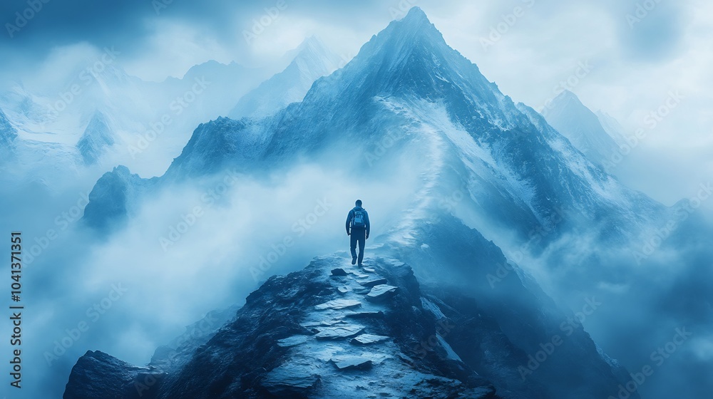 Silhouettes of businesspeople climbing mountain each peak representing ...