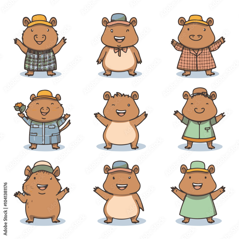 Cute capybara emoticons, various postures and expressions, white ...