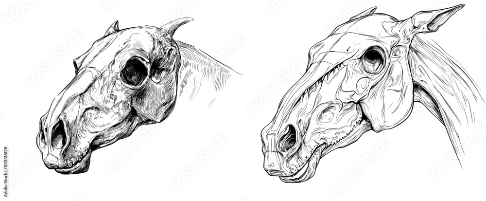 Anatomical outlines of a skull. Vintage engraved skeleton sketch of a ...