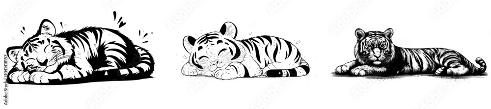 Illustration of a cute tiger lying down. Line art design, drawing style ...