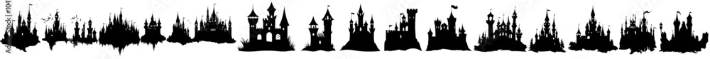 An icon set depicting castles. Fortress illustration with stronghold ...