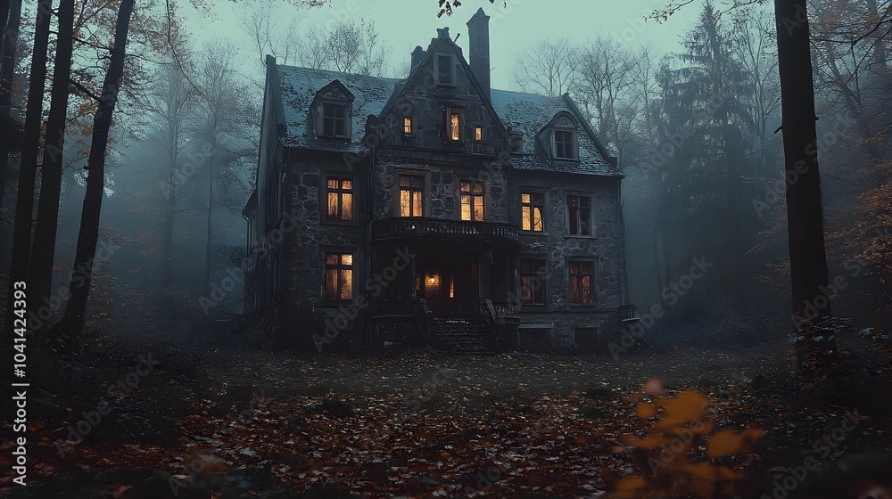Gothic haunted mansion in a dense forest, twilight mist rolling in, dim ...