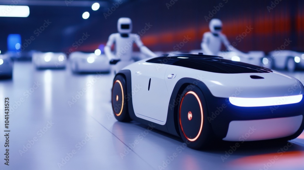 A robot guiding autonomous vehicles in a futuristic transportation hub ...