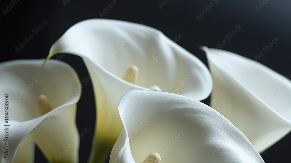 Close-up of white calla lilies with delicate curves, set against a black backdrop. The elegance ...