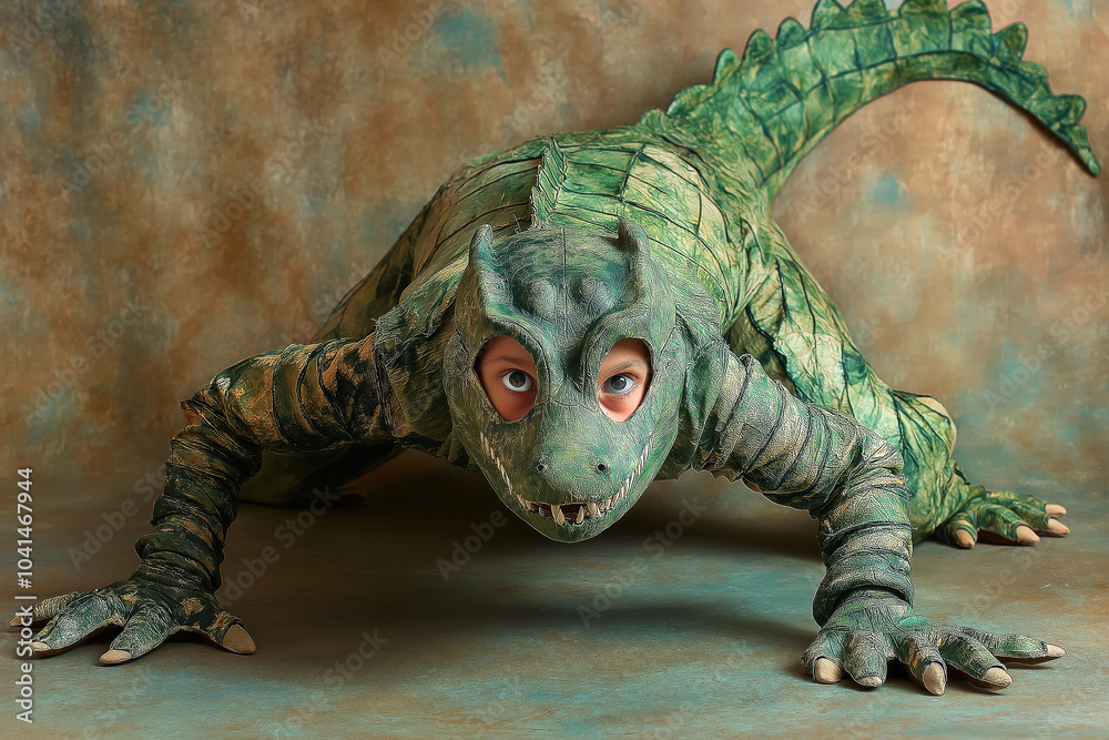 Teen boy acting like a crocodile, with a scaly crocodile mask, long ...