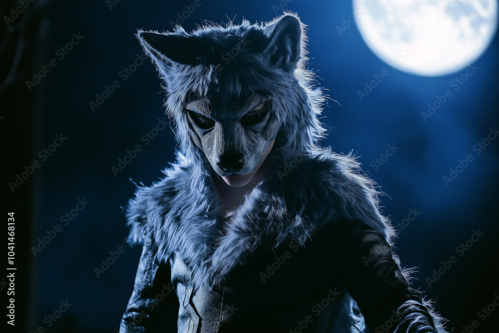 Teen boy in a wolf costume, with a detailed wolf mask, tail, and paw ...