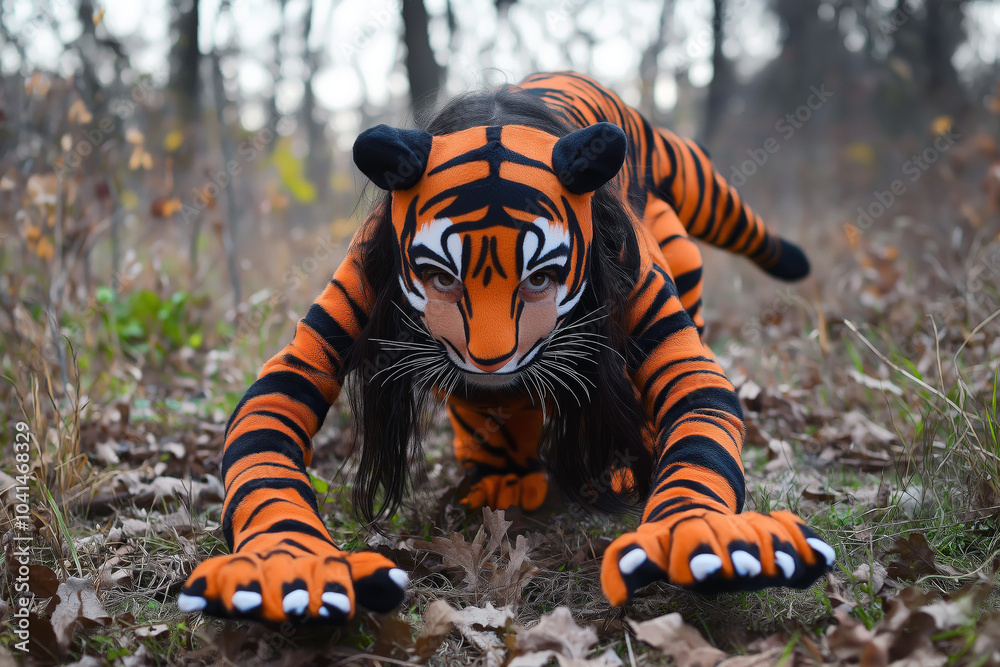 Teen girl acting like a tiger, with a striped tiger mask, long tail ...