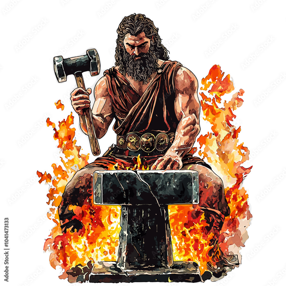Hephaestus, Greek god of fire and blacksmiths, forging with hammer ...