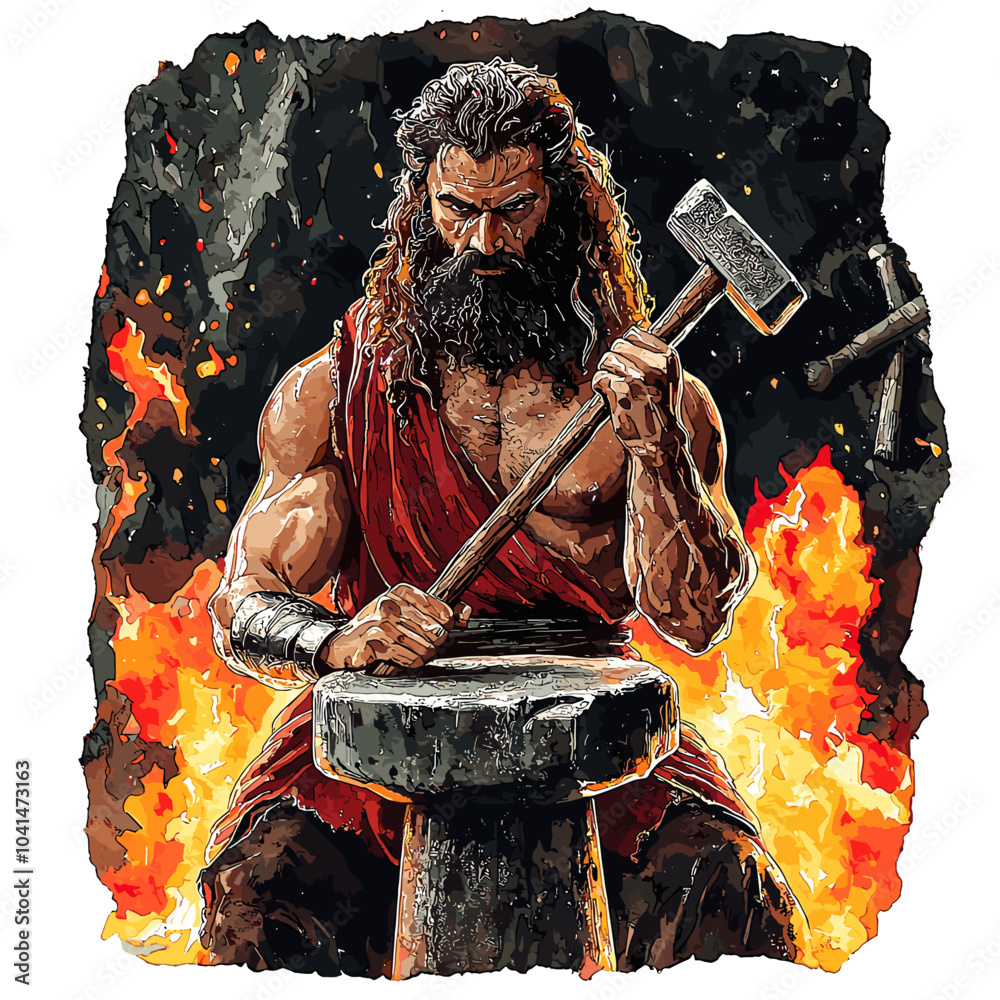 Hephaestus, Greek god of fire and blacksmiths, forging with hammer ...