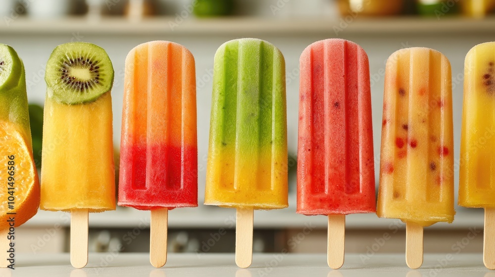 Assorted homemade fruit popsicles made from frozen fruit juice in a ...