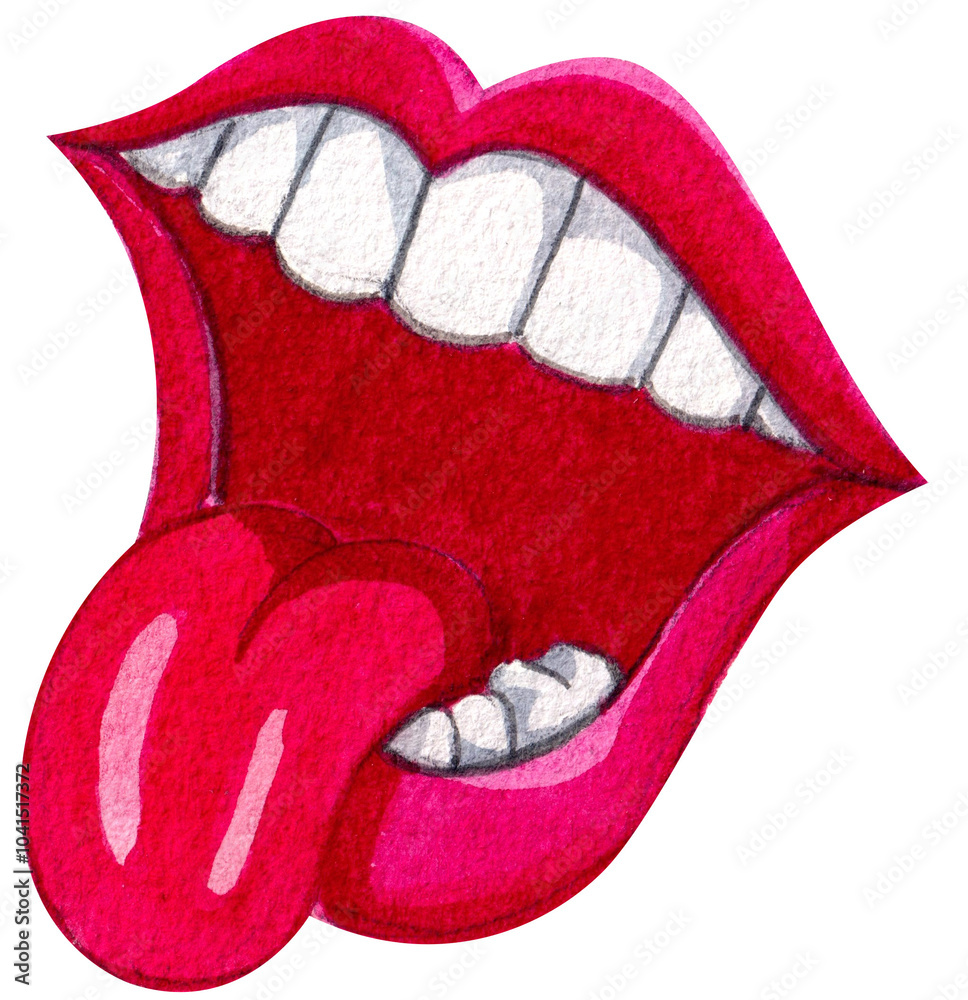 Red lips, Mouth laughing showing tongue and teeth,Hand-drawn watercolor ...