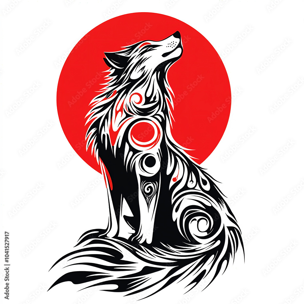 Traditional Inuit Eskimo Haida folk art of a stylized wolf howling at ...