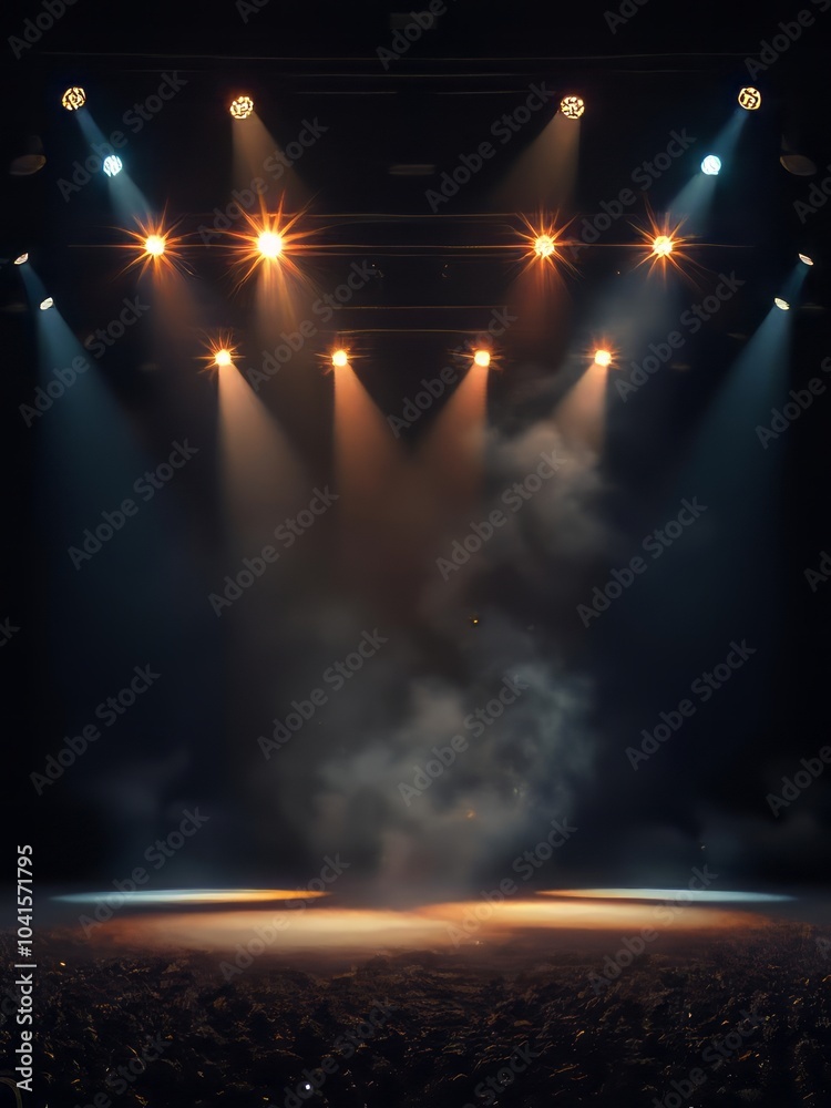 A large stage with spotlights shining down smoke in the air dark ...