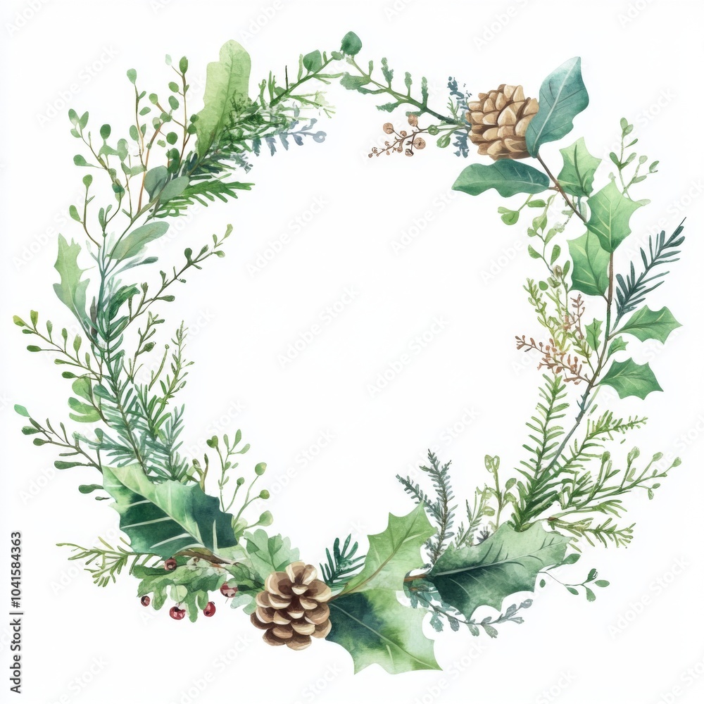 Watercolor winter greenery frame with simple crest shape in the middle ...