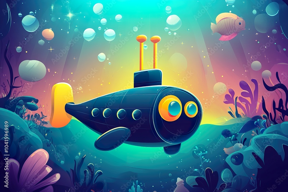 Smiling Toy Submarine Exploring Bathtub Ocean - Cartoon Illustration ...