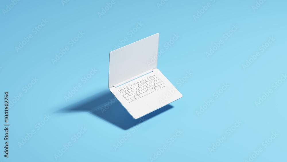 White laptop notebook computer keyboard office communication pale blue ...