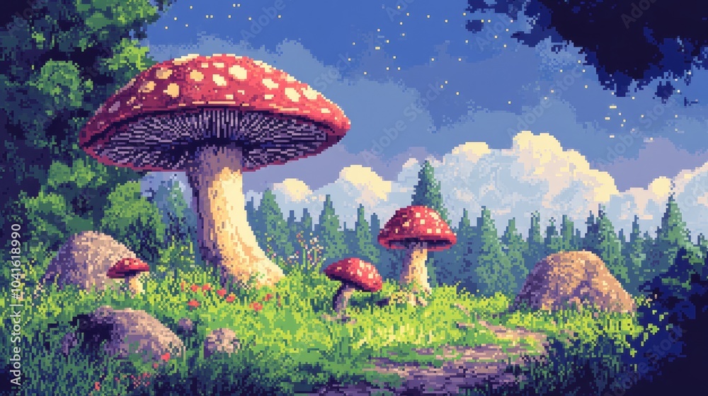 Pixel art game environment featuring alien planet mushrooms a vibrant ...