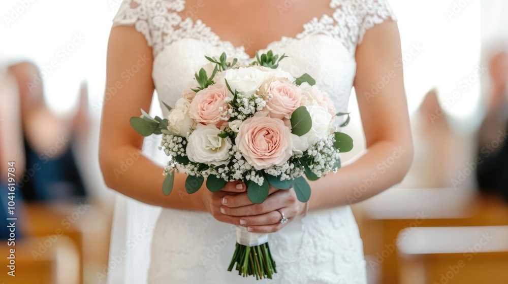 Bride holding her bouquet tightly as she walks down the aisle ...