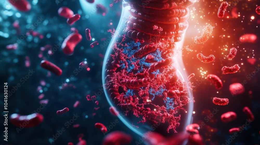 A human digestive tract with various microplastic particles shown ...