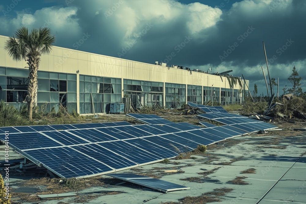 Photovoltaic solar panels destroyed by hurricane strong wind mounted on ...
