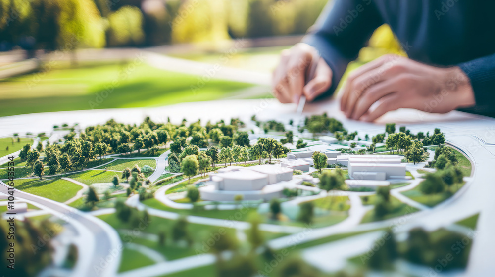 Landscape architects planning a park design, using sketches and models ...