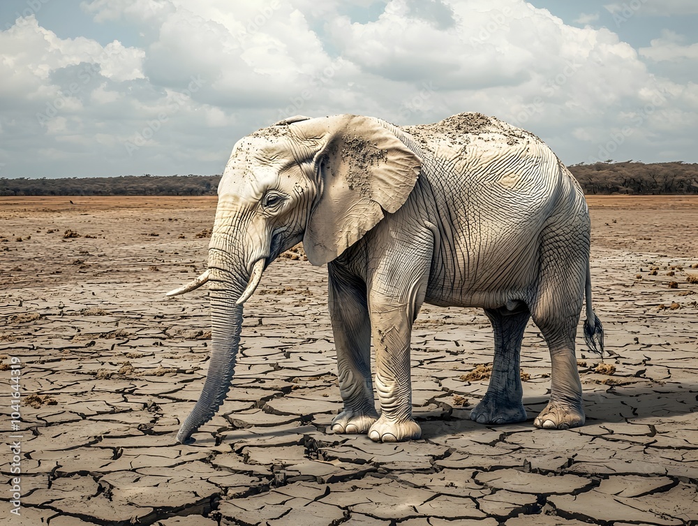 Emaciated Elephant Standing in Parched Cracked Desert Landscape ...