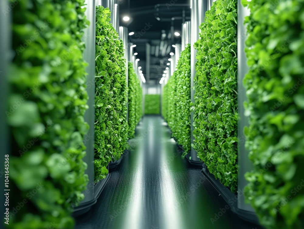 A perspective shot capturing the corridor of a vertical hydroponic farm ...
