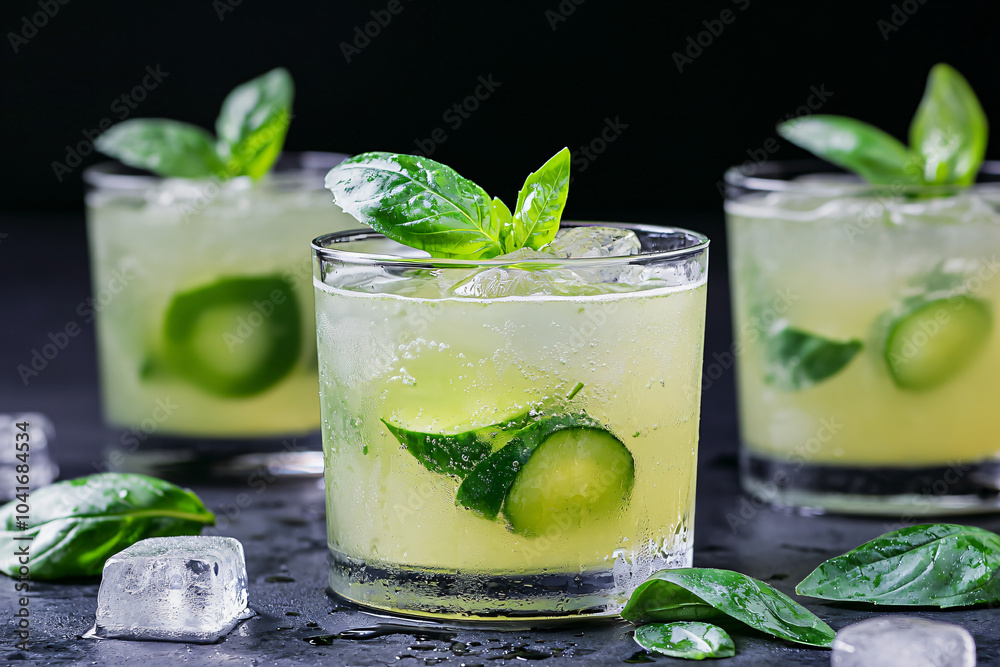 garden-fresh cucumber gin fizz with floating basil leaves, condensation ...