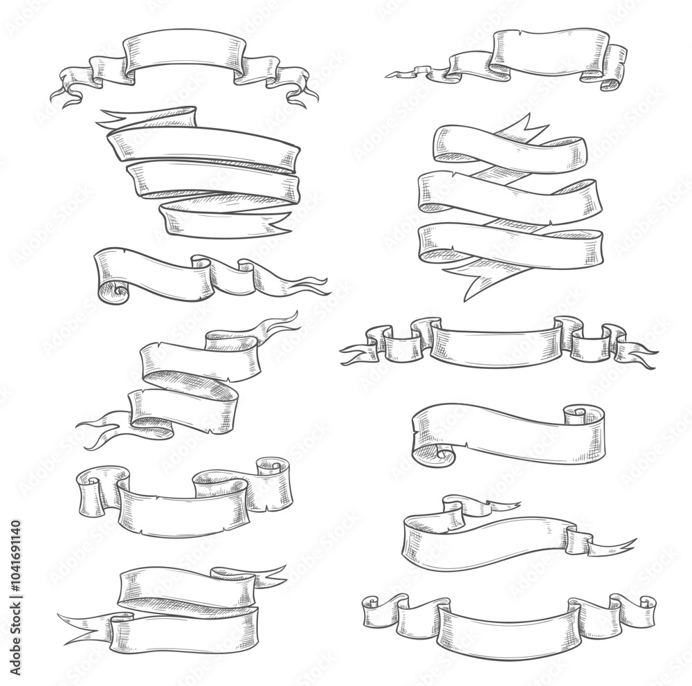 Ribbons, banners, flags and old paper scrolls vector sketches. Vintage ...