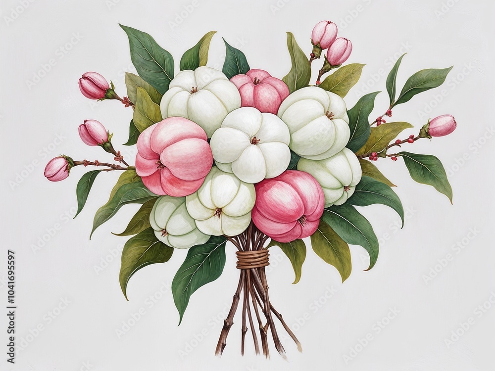 Pink and white quince flower bouquet hand drawn painted painting ...