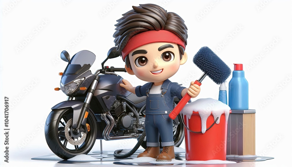 Cartoon Mechanic Washing a Motorcycle. Stock Illustration | Adobe Stock